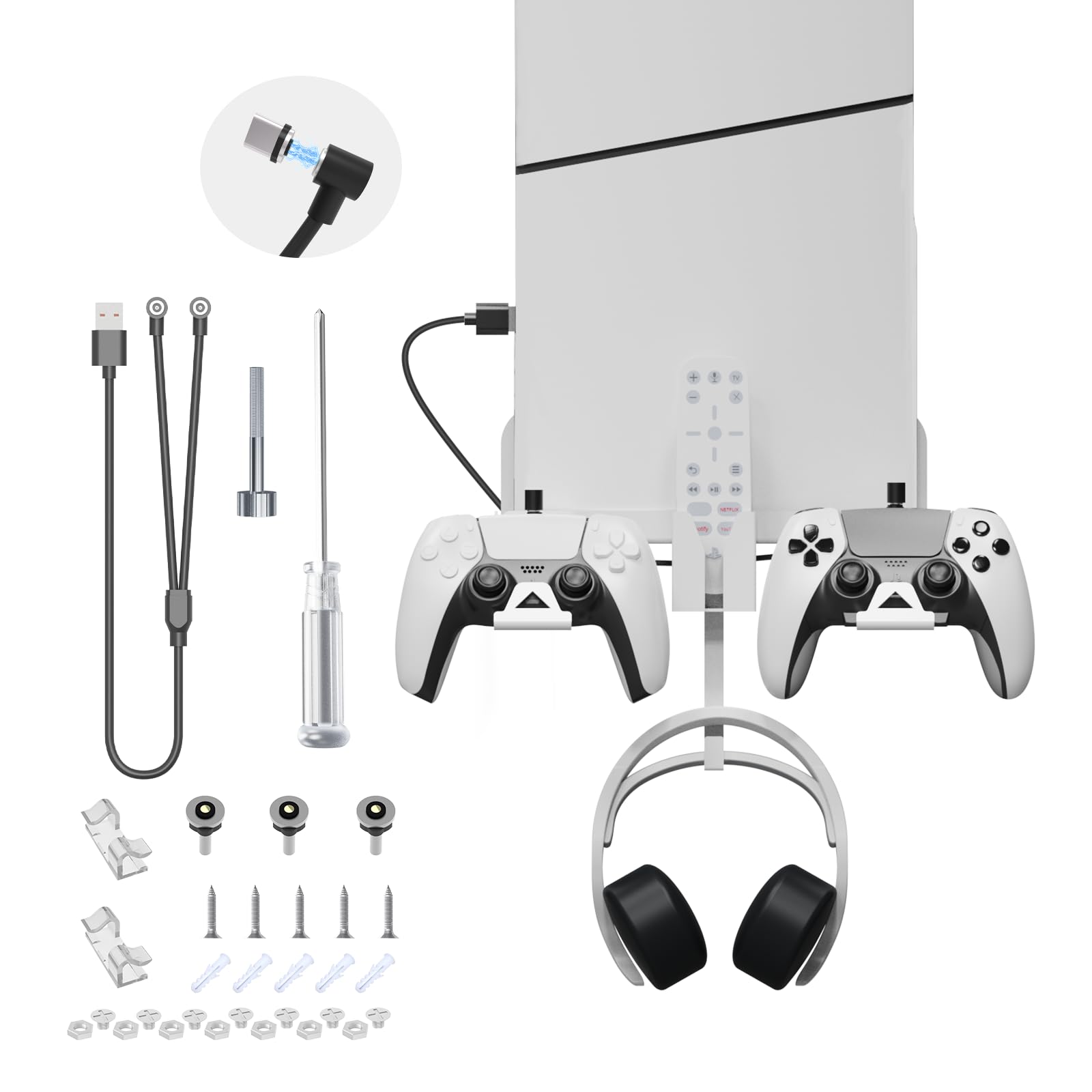 JOYTORN Wall Mount Holder Compatible with PS5 Slim,Sturdy Steel Wall Mount Bracket with Controller Holder,Media Remote/Headset Hanger for Playstation 5 Slim