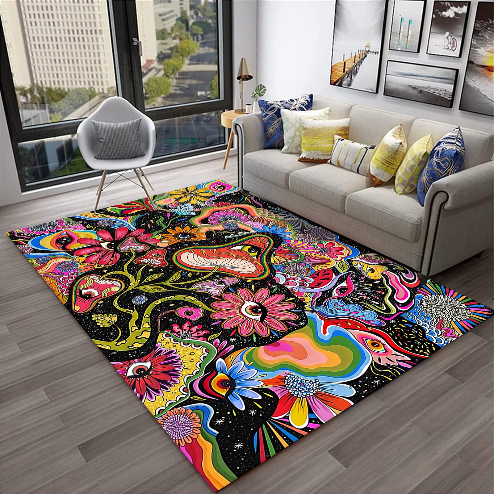 LGGQQW Mushroom Area Rug Trippy Trug Cute Flower Rug Colorful Hippy Carpet for Bedroom