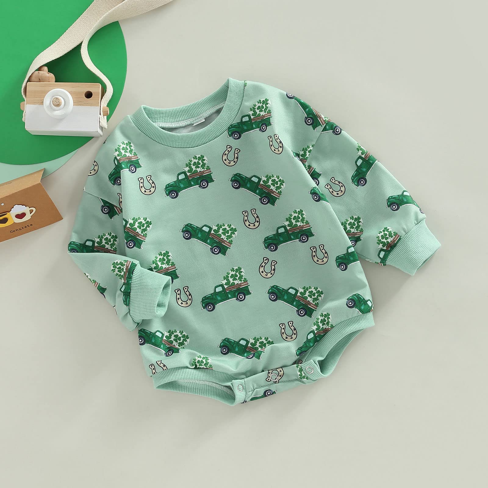 Lamuusaa Newborn Baby Girl Boy St. Patricks Day Outfit Green Clover Romper Sweatshirt Oversized Shirts Spring Clothes (Green Car, 0-3 Months)