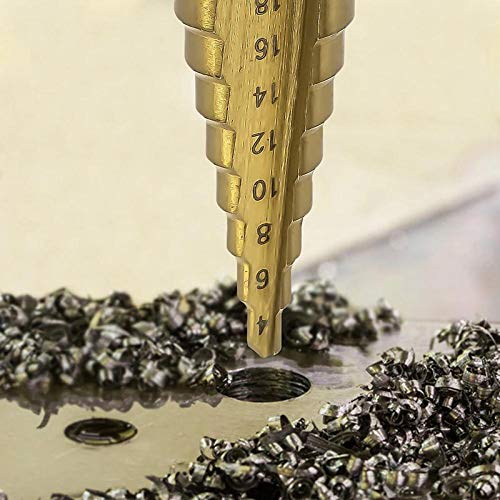 NACHEE 3Pcs Metric Titanium Coated Step Drill Bit Set, HSS Cone Drill Bit with 1/4" Hex Shank Drive Quick Change(3-12 mm 4-12 mm 4-20 mm)for DIY Woodworking, Plastic Wood