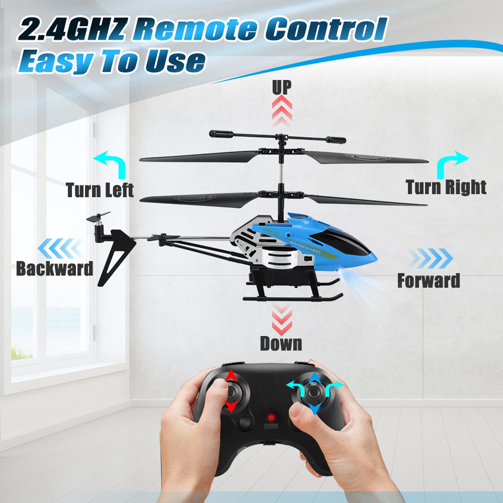 Dolanus RC Helicopters - Remote Control Helicopter Toys: One Key Take-Off/Landing, Automatic Altitude Hold, LED Light & 3.5 Channel Gyro Stabilizer, Flying Toys - Gift for Boys/Girls Kids Adults, Blue
