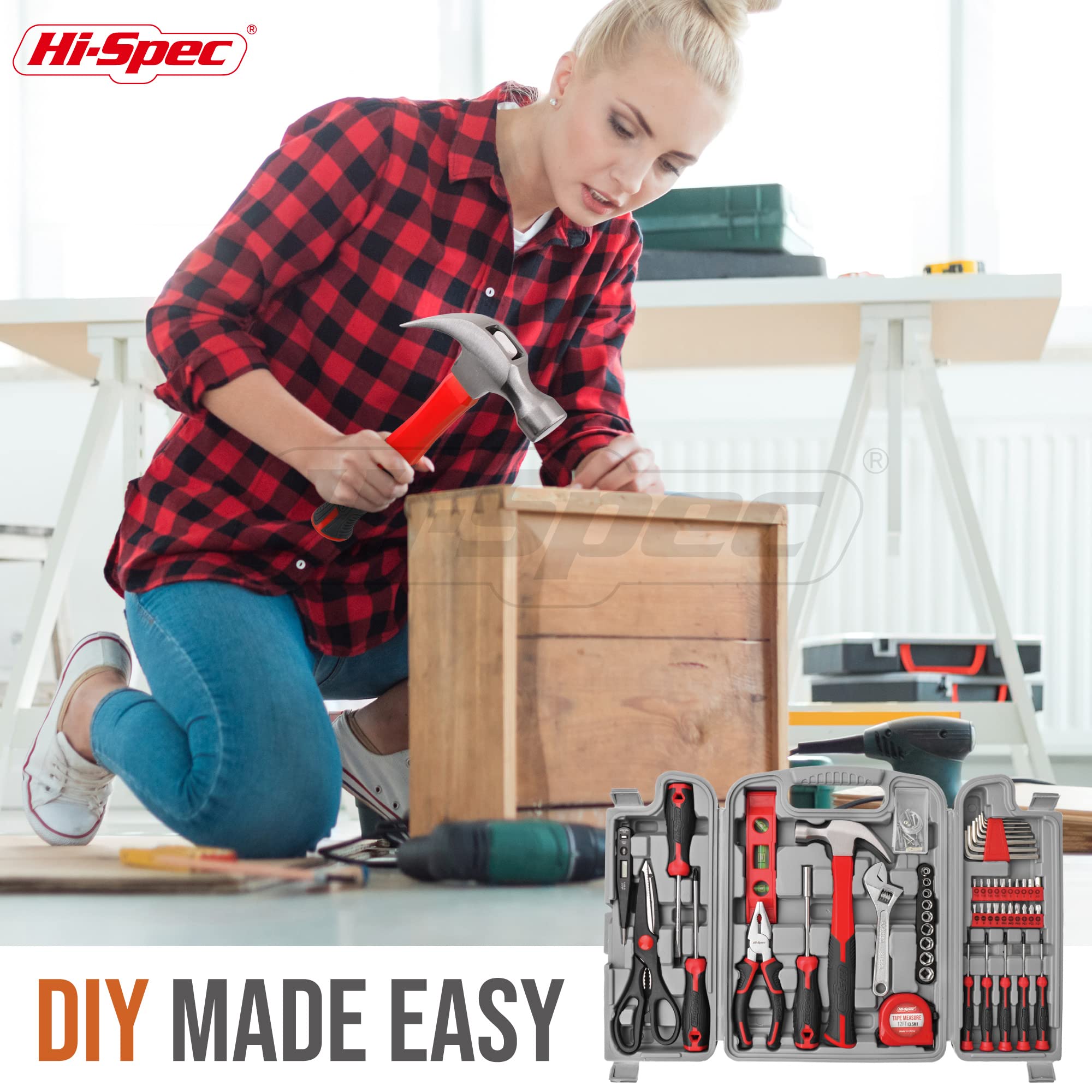 Hi-Spec 54pc Red Home DIY Tool Kit for The Household, Office & Garage. Complete Basic House Tool Box Set