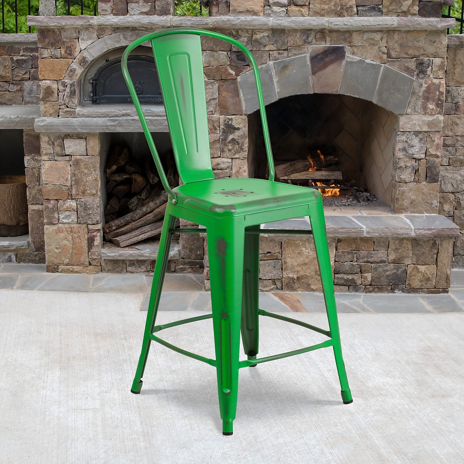 Flash Furniture Commercial Grade 24" High Green Metal Indoor-Outdoor Counter Height Stool with Removable Back