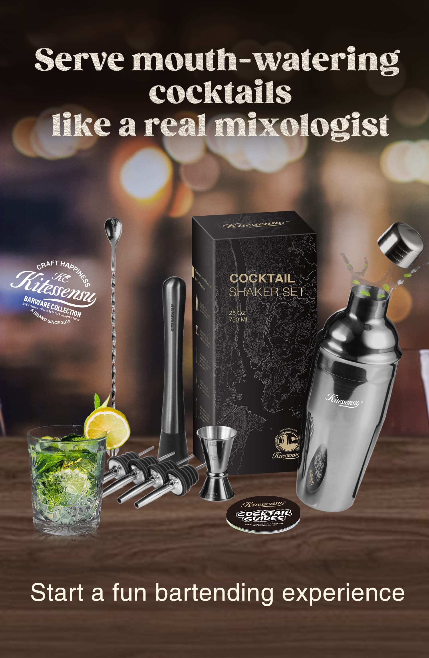 KITESSENSU Black Cocktail Shaker Set Drink Mixer | 10-Piece Bartender Kit: 24 Ounce Margarita Shaker, Double Jigger, Muddler, 4 Liquor Pourers, Alcohol Mixer Spoon, Velvet Bag, Recipes Booklet