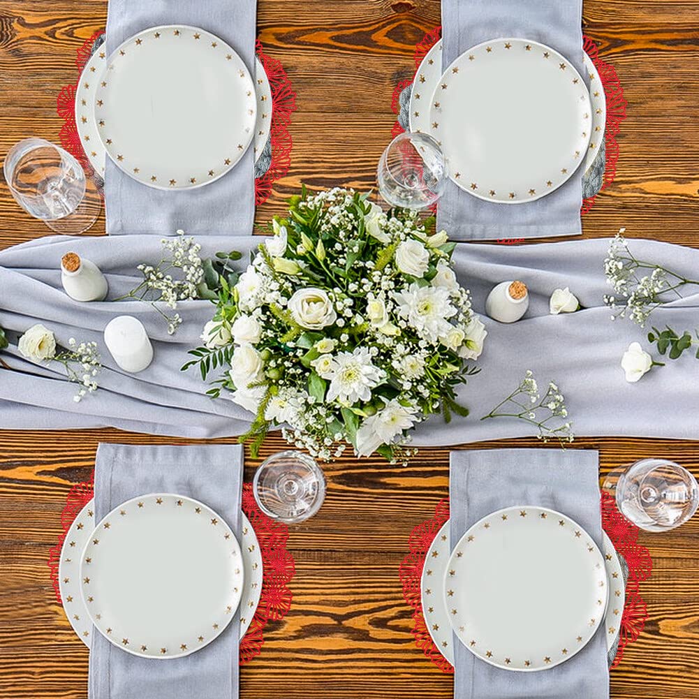 Floral Placemats Wipeable Vinyl Placemats 15 Inch Round Place Mats Farmhouse Kitchen Table Mats Heat Resistant Washable Pressed Vinyl Dining Table Mats Wedding Anniversary Decoration, Red