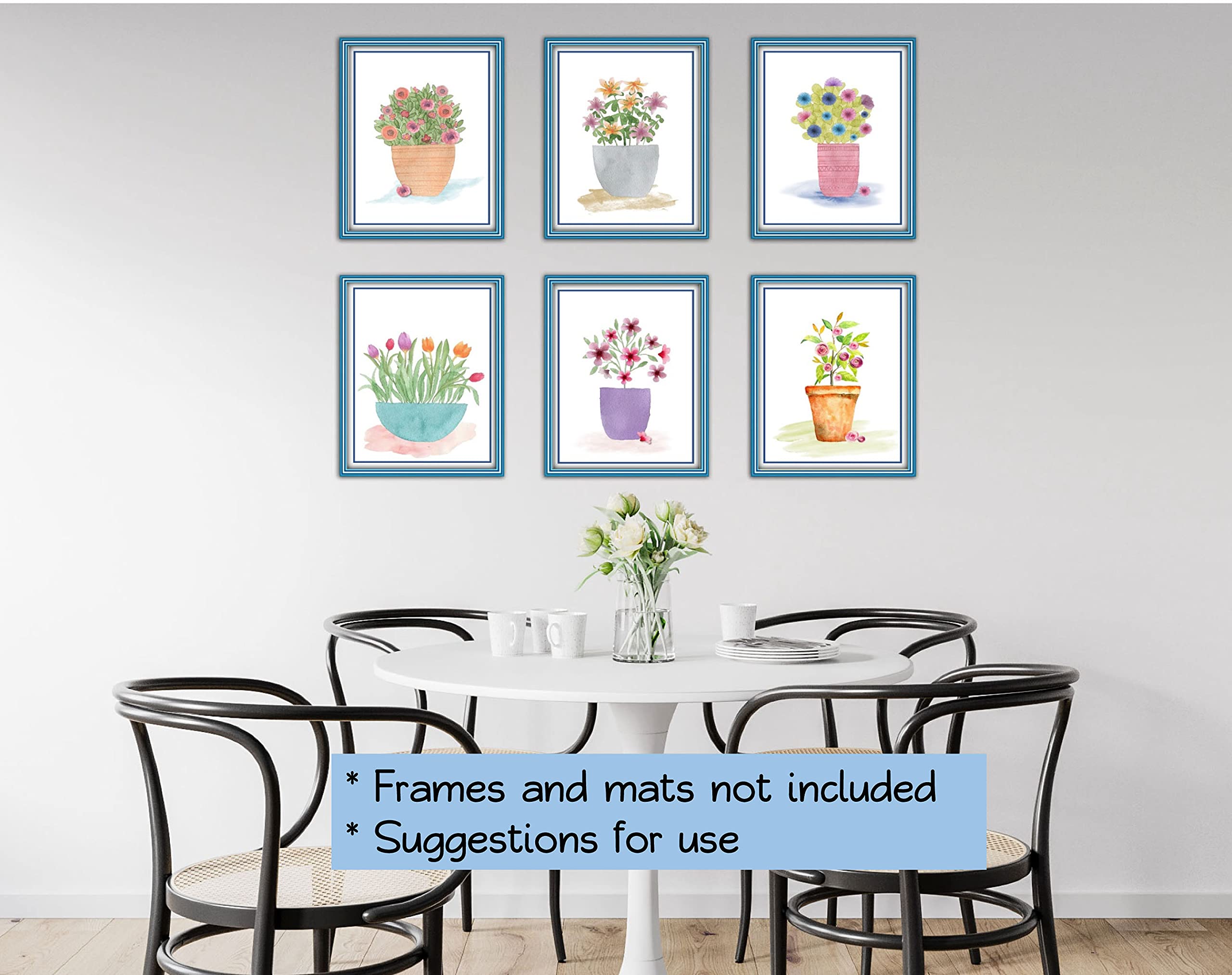 Floral Wall Art Decor - Potted Flower Botanical Prints - Set of 6-5x7 - Unframed