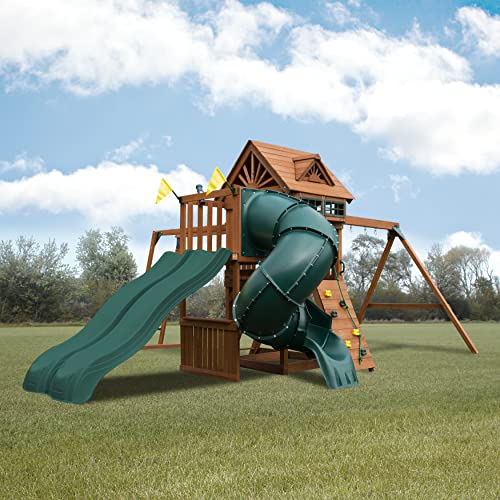 Gorilla Playsets 01-1109 Highlander Swing Set with Three Slides, Climbing Wall and Wood Roof (Amazon Exclusive), Cedar