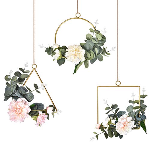 Dolicer Floral Hoop Wreath, Geometric Wire Round Triangle Square Hoop Frame of Artificial Peony Flower and Eucalyptus Vine Wreath for Wedding Backdrop Wall Garden Balcony Home Decor, 3 Pcs, White…