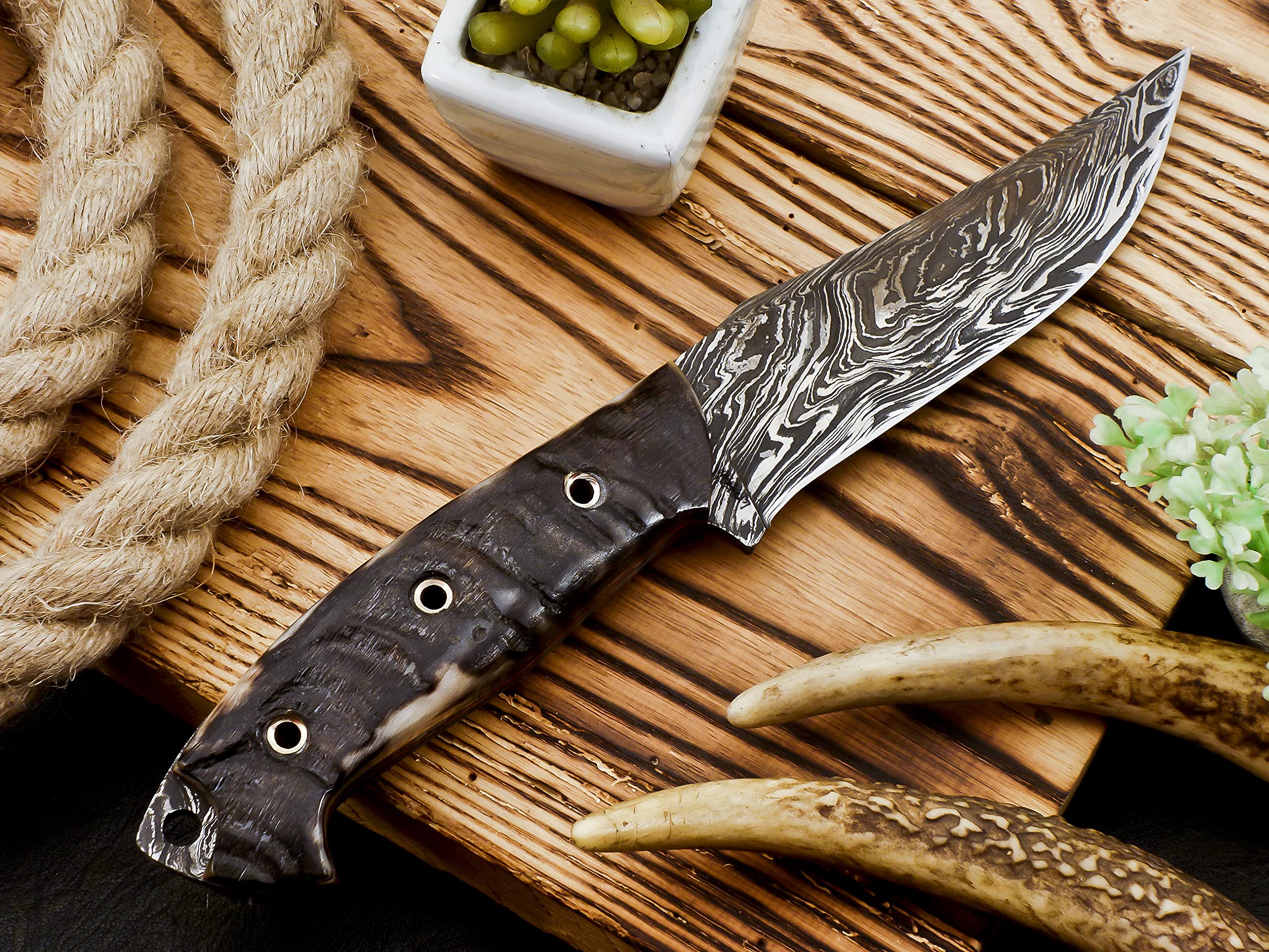 Handmade Damascus Hunting Knife with Sheath for Belt – 10 inches Fixed Blade full tang 1095 steel knife with Sheep Horn Handle