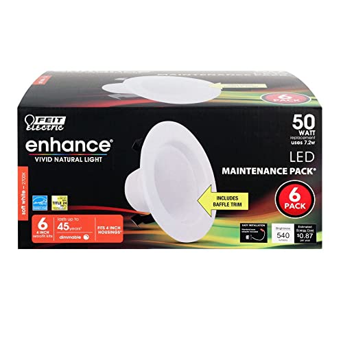 Feit Electric 4 inch LED Recessed Downlight - Baffle Trim - Standard E26 Adapter - 2700K Soft White - Dimmable- 50W Equivalent - 45 Year Life - 650 Lumen, 6-Pack, LEDR4B/927CA/MP/6
