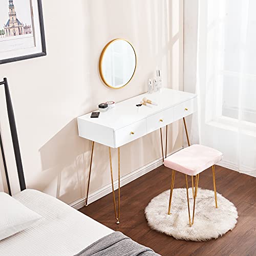 White Dressing Table Bedroom Vanity Table Chair Set with Cushioned Stool Wall Mount Mirror 3 Drawers Gold Hairpin Legs Makeup Table
