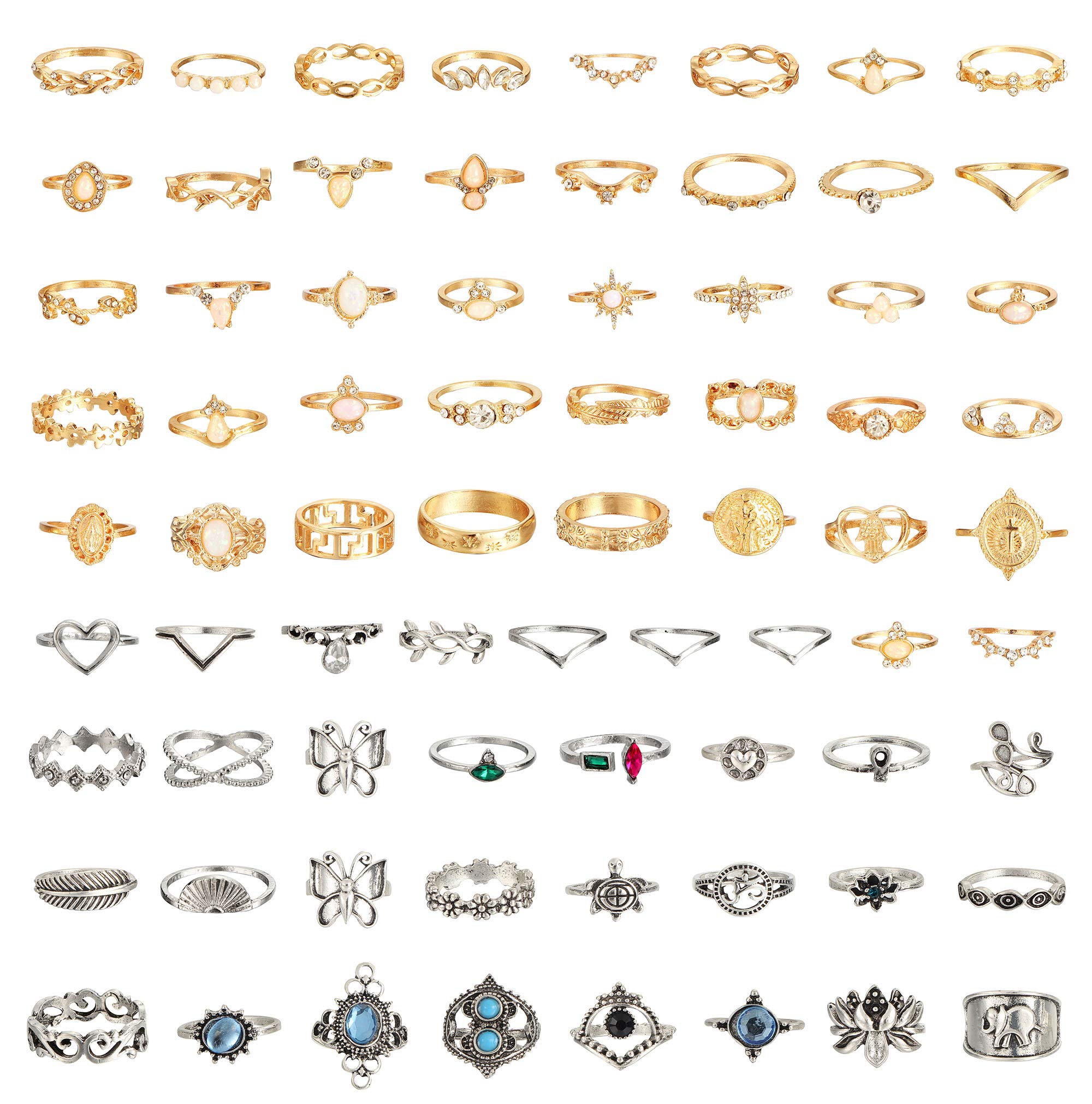 FIBO STEEL 72 Pcs Vintage Knuckle Butterfly Rings for Women Stackable Midi Finger Ring Set