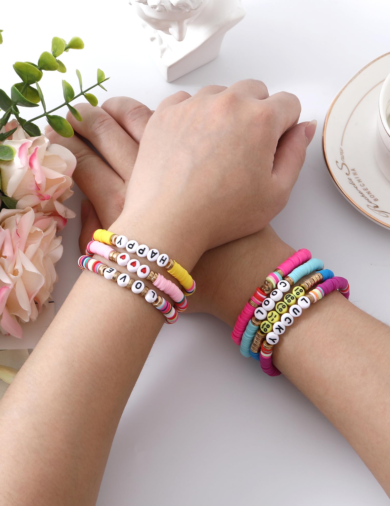 feixun Heishi Surfer Bracelets set - 6mm Polymer Clay Rainbow Bracelet Elastic Rope Bracelet, Boho Beaded Bracelet, Great for Beach, Vacation (12pc Heishi Surfer Bracelets B)