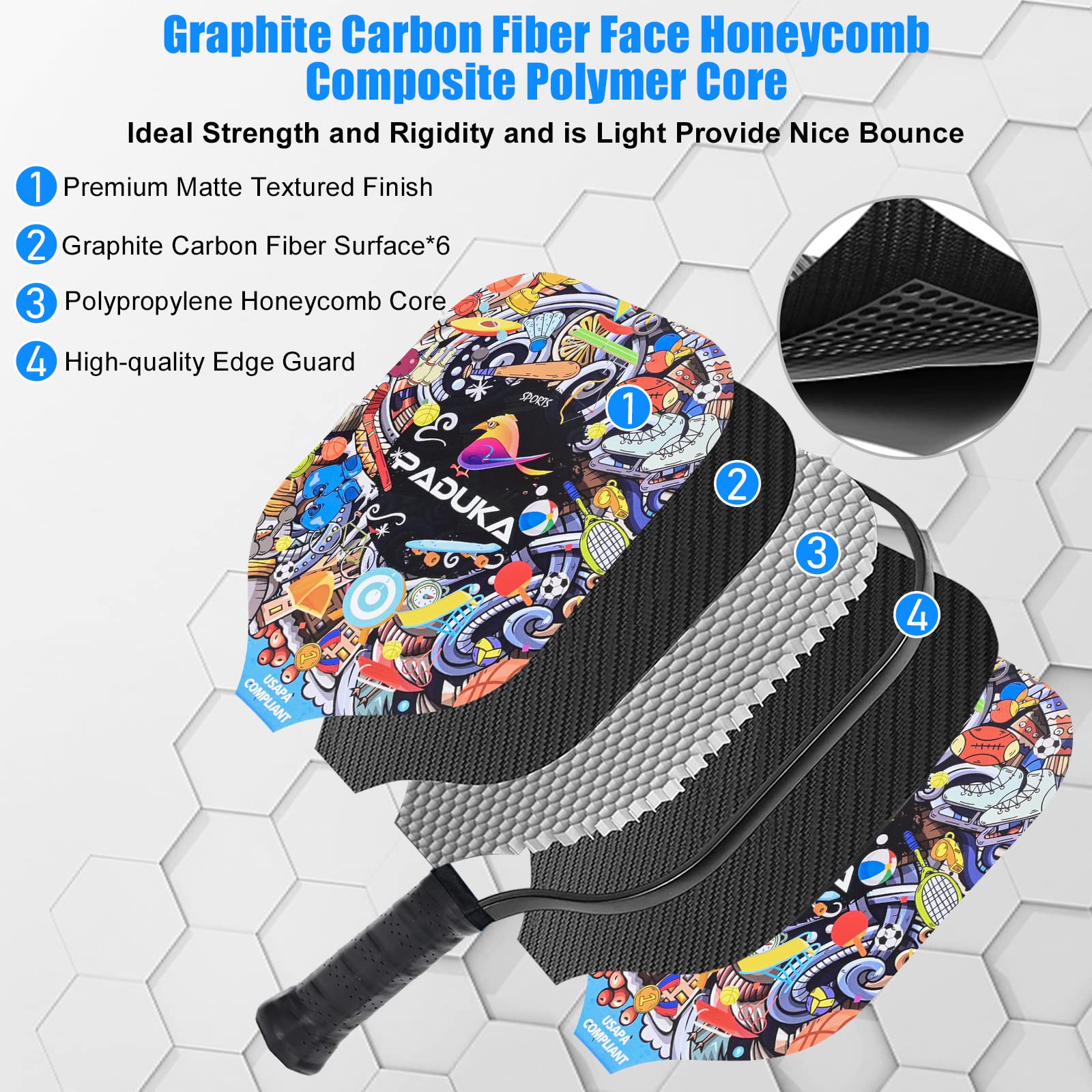 Graphite Pickleball Paddles Set, Lightweight Carbon Fiber Pickleball Racket with Cover and Balls, for Beginners and Pros Players