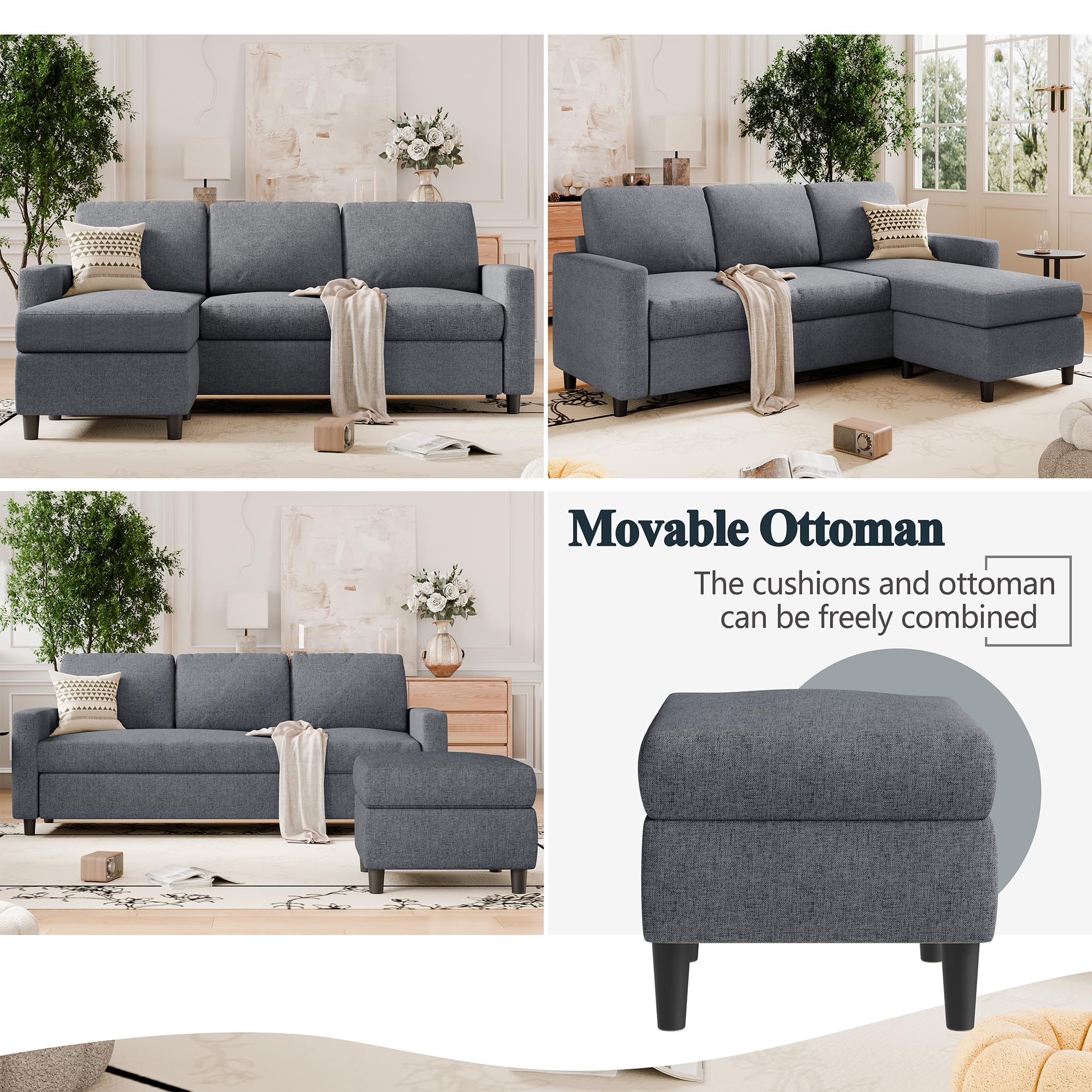 SUNLEI L Shaped Couches for Living Room, Small Sectional Sofa with Reversible Chaise, Convertible Sectional Sofa with Modern Linen Fabric, Space Saving for Apartment(Dark Grey)