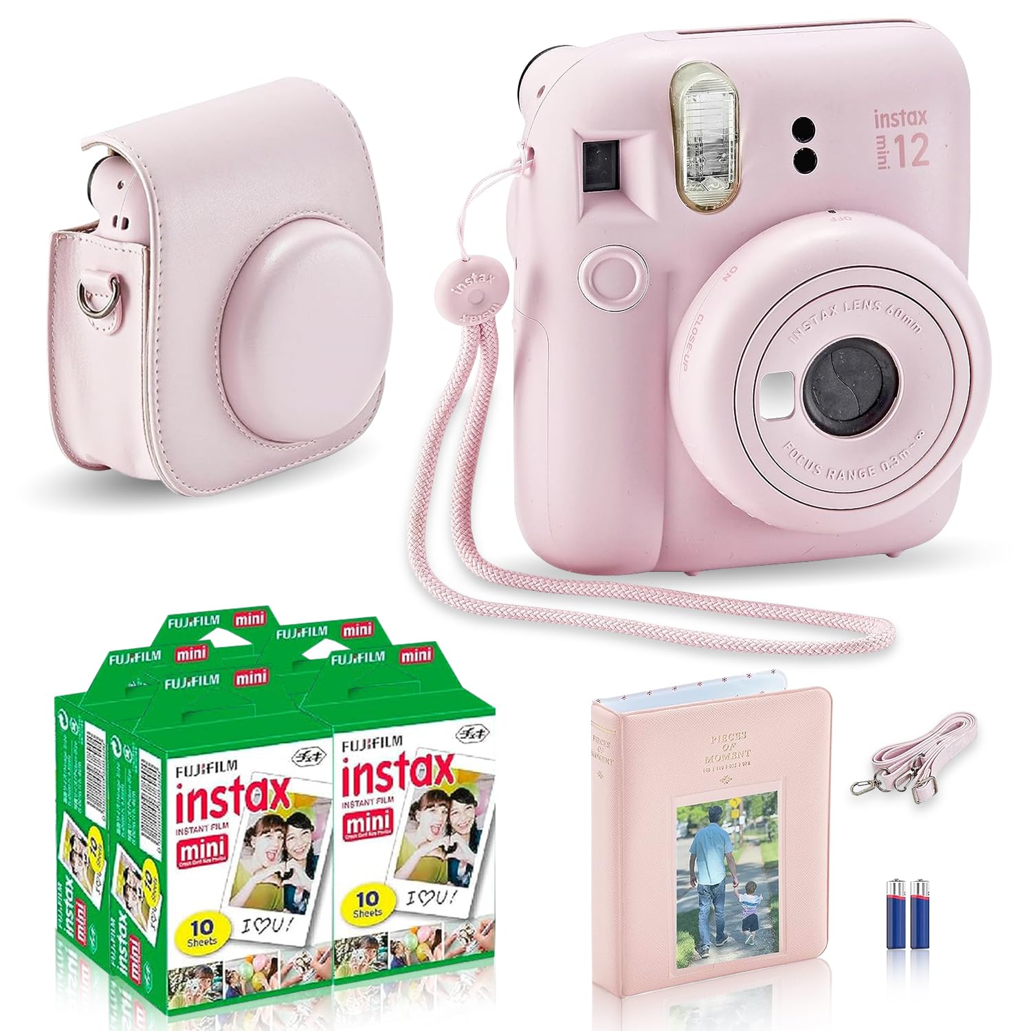Fujifilm Instax Mini 12 Instant Camera Clay White MiniMate Accessory Bundle & Compatible Custom Case + Fuji Instax Film Value Pack (50 Sheets) Designer Photo Album (Clay White)