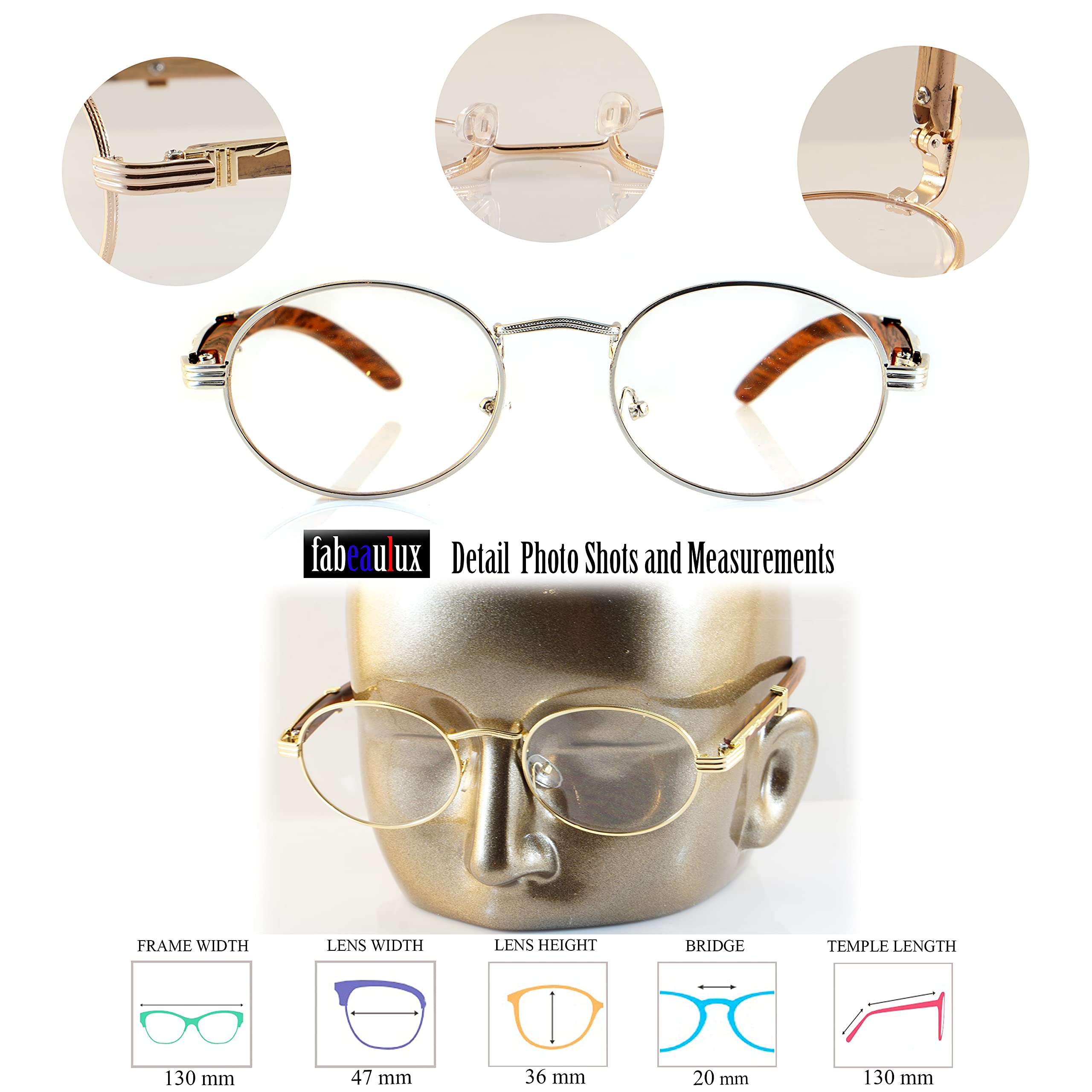 Fa.Beau.Lux FBL Vintage Oval Clear Lens Metal & Wood Feel Eyeglasses A103 (Gold/Brown)