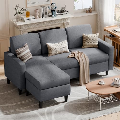 SUNLEI Sectional Sofa Couches for Living Room, L Shaped Couch with Reversible Chaise, Modern Linen Convertible Sectional Sofa for Small Space as Apartment, Grey