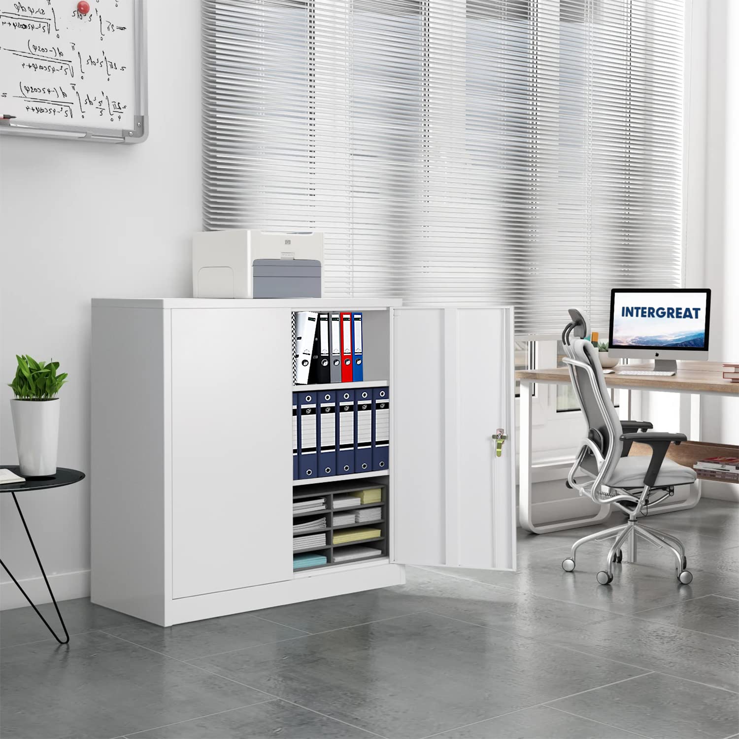 INTERGREAT Locking Cabinet for Office, Bathroom, Home, Laundry Room ,White Steel Storage Heavy Duty Lockable Metal Cabinet with Doors and Shelves,Lock