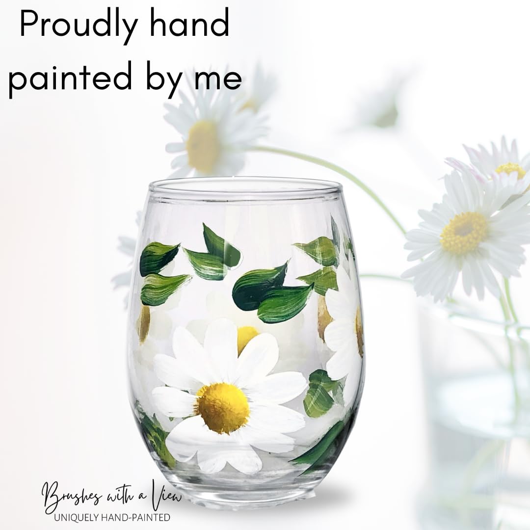 Hand Painted White Daisy Flower Stemless Wine Glass, Gift for her, Daisy Flower Wine Glass 15 oz