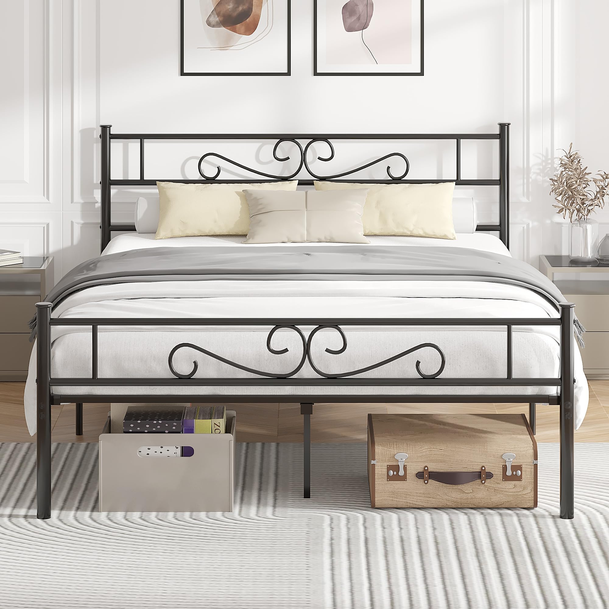 VECELO Full Size Bed Frame with Headboard, 14 Inch Metal Platform Mattress Foundation, No Box Spring Needed, Squeak Resistant, Easy Assembly, Matte Black