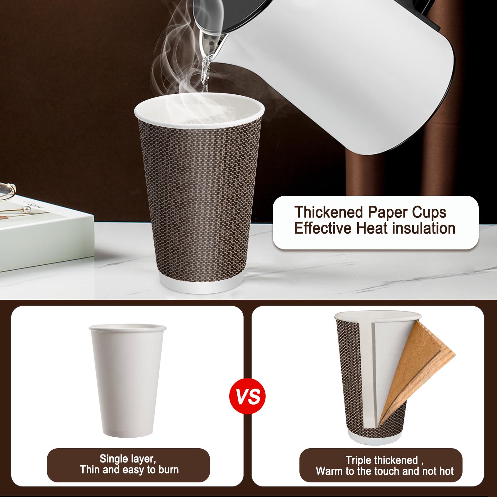 FIRSTLOVE 100 pack 16 oz Insulated Disposable Coffee Cups with Lids, Ripple Thickened Paper Three Layer To Go Coffee Cups,Perfect for Hot Coffee Tea Chocolate Drinks, Cafe