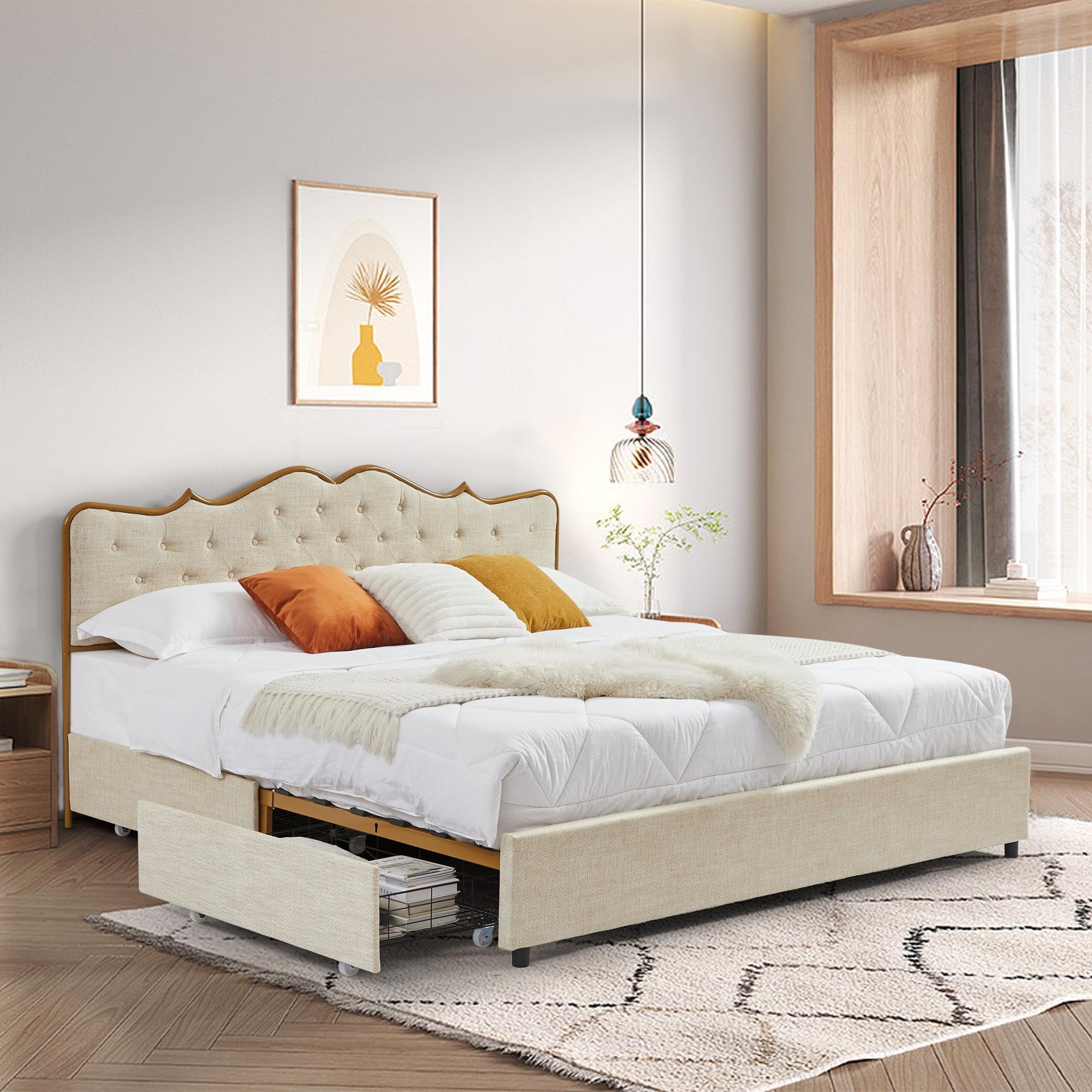 Dolonm King Size Classic Buckle Backrest Platform Bed Frame with Four Storage Drawers Metal Frames Bed Foundation with Wooden Slats Support, Beige + Yellow Leather Sponge Soft Bag Beds