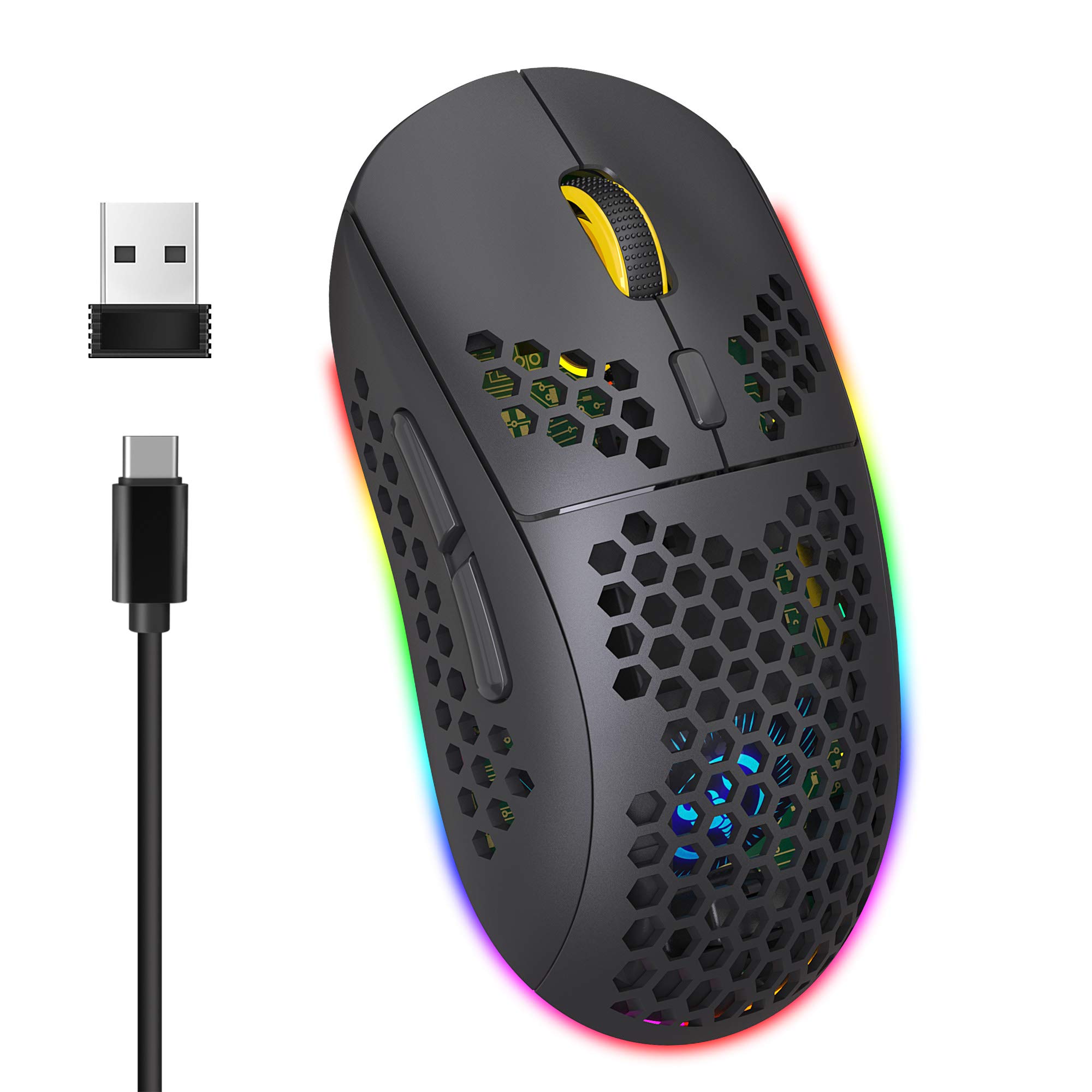 FELICON Bluetooth 3.0/5.0 Mouse,2.4G USB Wireless Lightweight Gaming Mouse Honeycomb with 6 Button,Multi RGB Backlit 5 Adjustable DPI Rechargeable 750 mAh Mice Compatible with PC Mac Gamer
