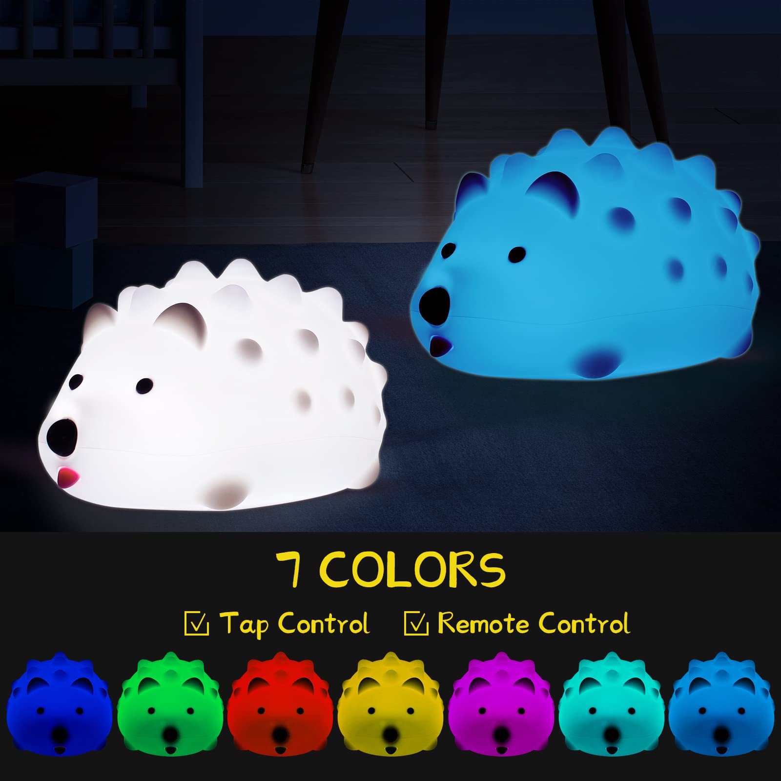 JSKNB Hedgehog Night Light, Cute Night Light for Kids, Rechargeable Touch Silicone Dimmable Nursery Night Light with 7 Colors Changing, Portable Bedside Table Lamp with Timer