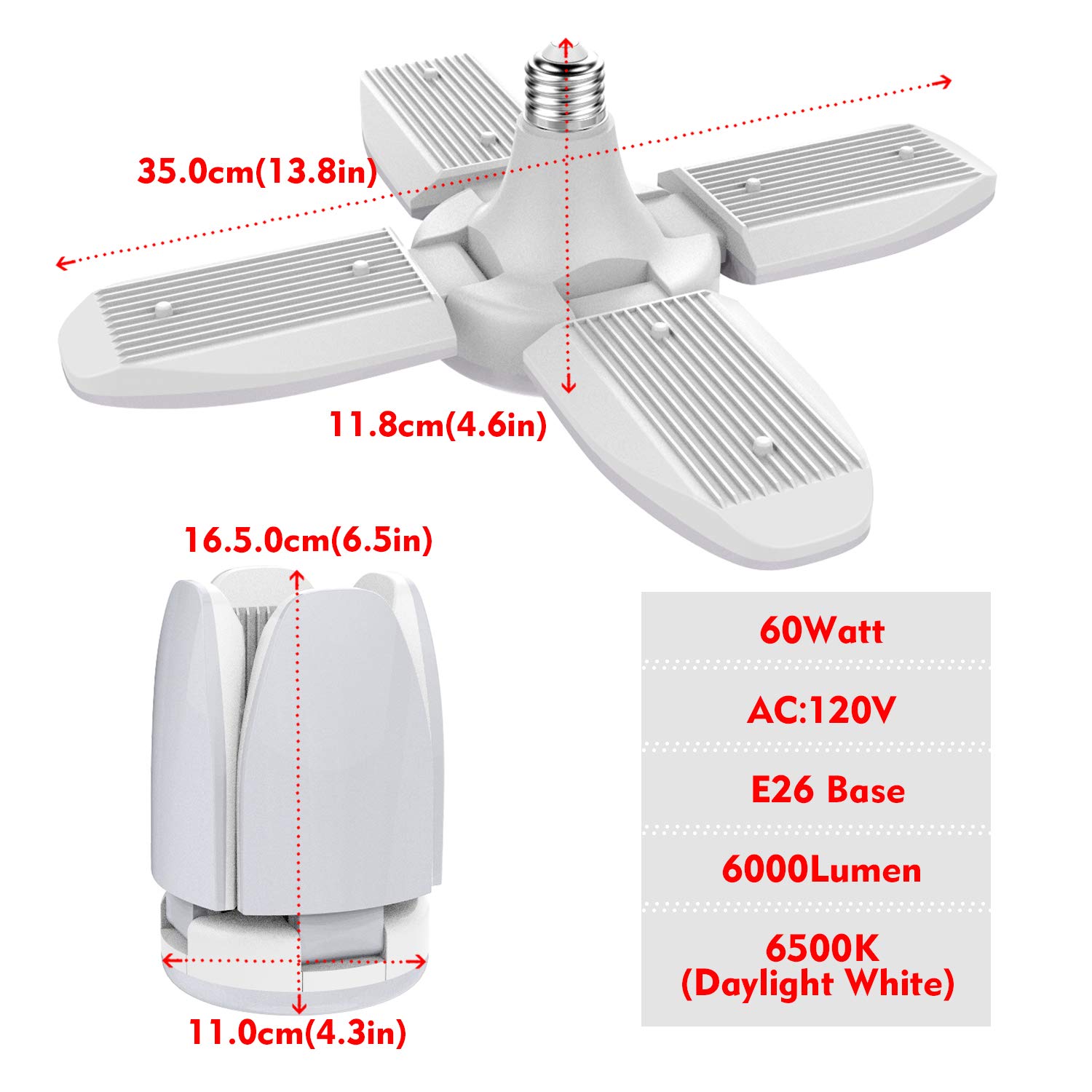 FLPTHQQ Frebento LED Garage Light E26 6000LM Daylight White 60W 6500K Deformable Ceiling Lights,Commercial Bay Lighting,60 Watt,for Warehouse Workshop Barn Basement Lighting Bay Lighting
