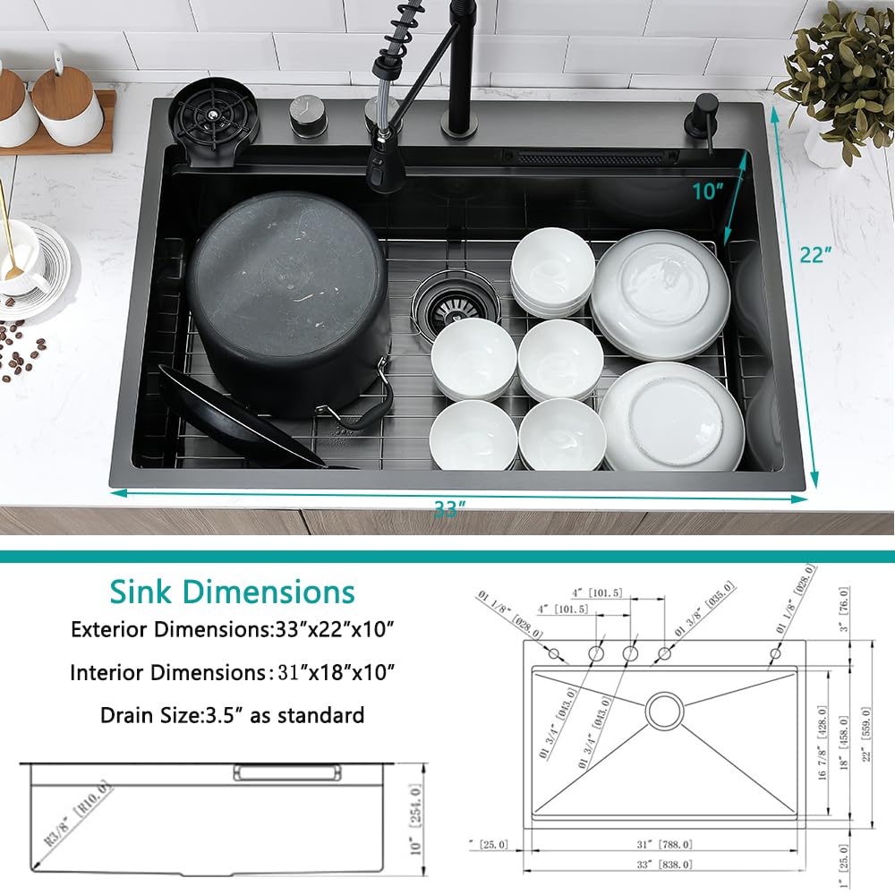 WMXQX 33 Inch Black Waterfall Kitchen Sink with Faucet Combo, 33x22 Waterfall Drop In Kitchen Sink Workstation 16 Gauge Stainless Steel Smart Double Waterfall Sink Single Bowl Kitchen Sink with Faucet