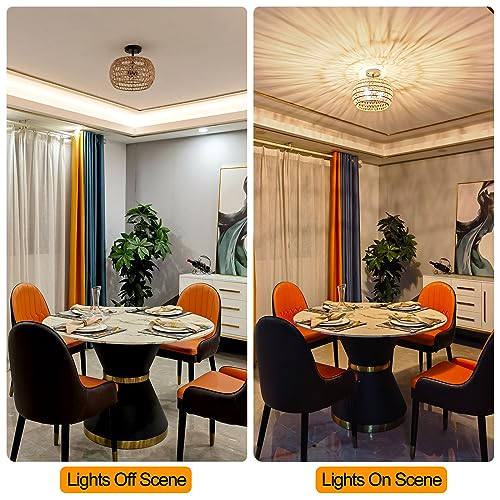 Rattan ceiling light With natural Woven,3-Lights Semi Flush Mount Ceiling Light,twine with Woven Lamp Shade,size 10*12",Boho Ceiling Light Fixtures for Kitchen Dining Room Bedroom Hallway Guesthouse
