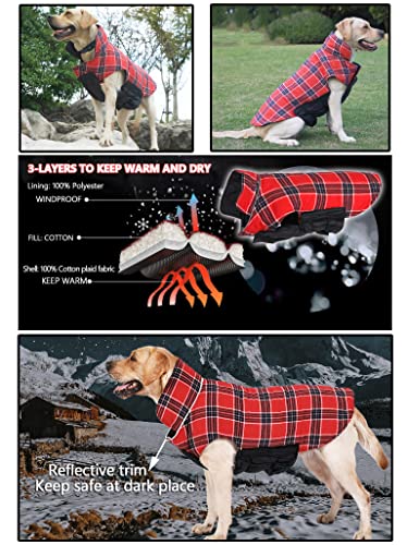 Sychien Dog Plaid Winter Reflective Large Coat,Windproof Waterproof Cold Weather Thunder Anxiety Calming Jacket,Coats for Boy Girl Puppy Dogs,Christmas Red XL