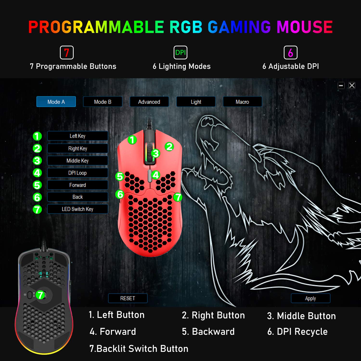 FELICON Wired Lightweight Gaming Mouse, 6400DPI Backlit Mice with 7 Buttons Programmable Driver,Ultralight Honeycomb Shell Ultraweave Cable Mouse Compatible with PC Gamers and Xbox and PS4 Users(Red)