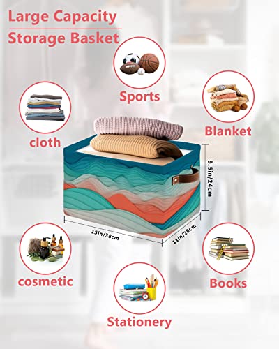 Geometric Mountain Range Storage Baskets for Organizing, Orange Teal Ombre Line Abstract Art Fabric Storage Bins for Shelf, Collapsible Cube Bin with Handles for Closet(15''x11''x9.5'')
