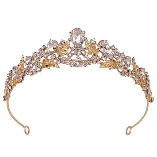 QIAIYALA Wedding Tiaras for Bride Gold Crystal Princess Small Crown Bridal Headband Birthday Leaf Hair Accessories