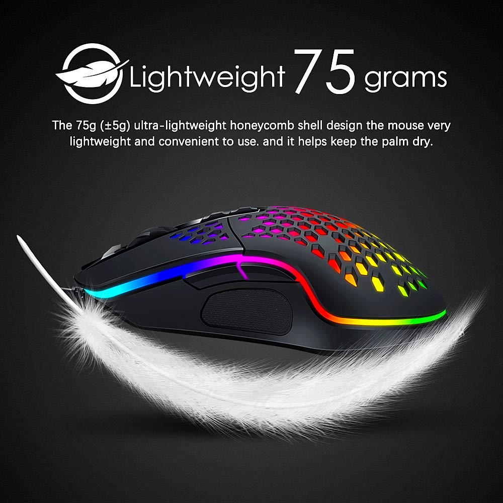 FELICON Wired RGB Gaming Mouse with Rainbow Backlight Lightweight Honeycomb Shell Adjustable 6400 DPI Programming Driver Optical Sensor 78G Mice for PC X-Box PS4 Gamer (Black)