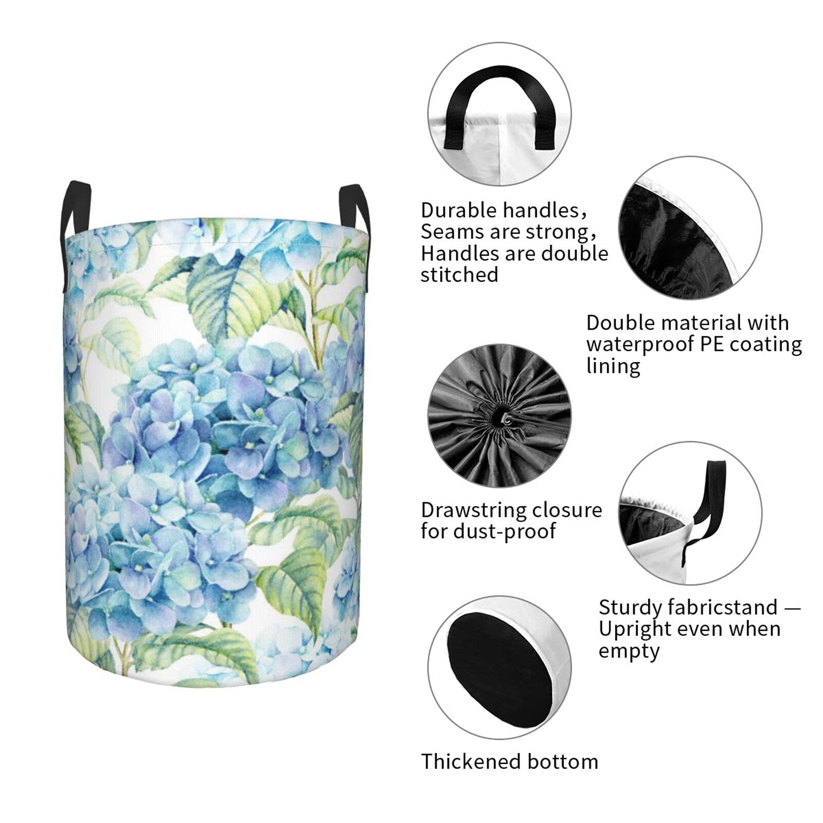 Large Folding Laundry Basket Hydrangea Blue Flowers Round Collapsible Laundry Storage Hamper Drawstring Waterproof Oxford Laundry Storage Basket Dirty Clothes Bag 16.5x21.5inch
