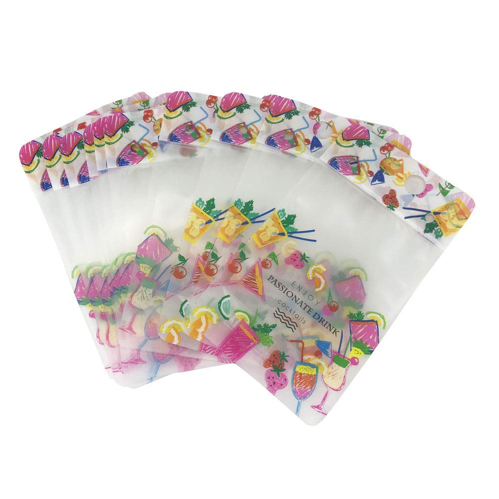 LASLU Zipper Clear Stand-Up Pouches Bags with Plastic Straw,8mil Heavy Duty Hand-held Drinking Bags 1.5" Bottom Gusset, 100 Pack (400ml, Fruits)