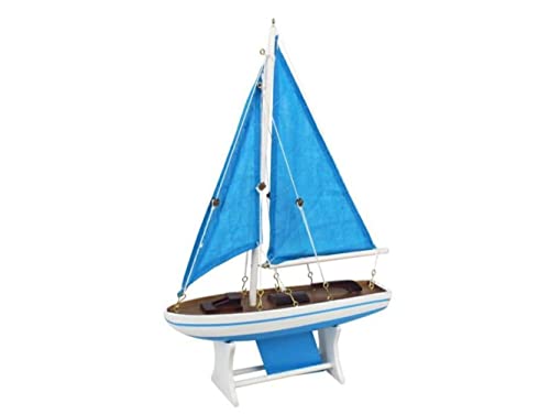 Handcrafted Nautical Decor Wooden It Floats 12" - Light Blue wtih Light Blue Sails Floating Sailboat Model
