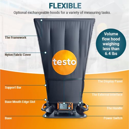 Testo 420 Flow Hood – Air Flow Meter for Airflow, air velocity, volume flow, temperature, and relative humidity – HVAC Air Flow Meter CFM with Tiltable Display, Bluetooth, and App Compatibility