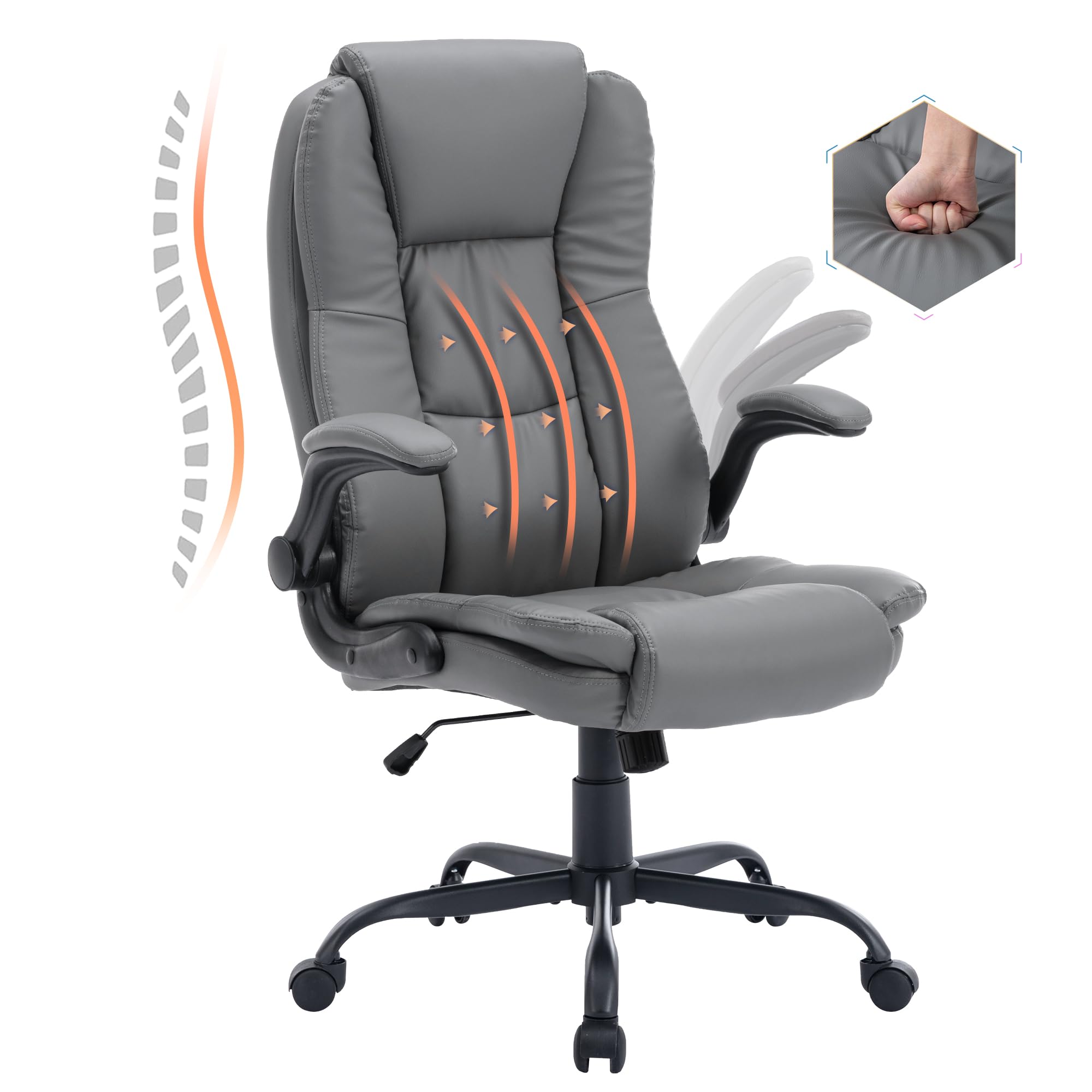 High Back Office Chair, Leather Executive Office Chair, Ergonomic Home Office Desk Chair with Flip-up Arms and Back Support,Comfortable Computer Desk Chairs with Wheels