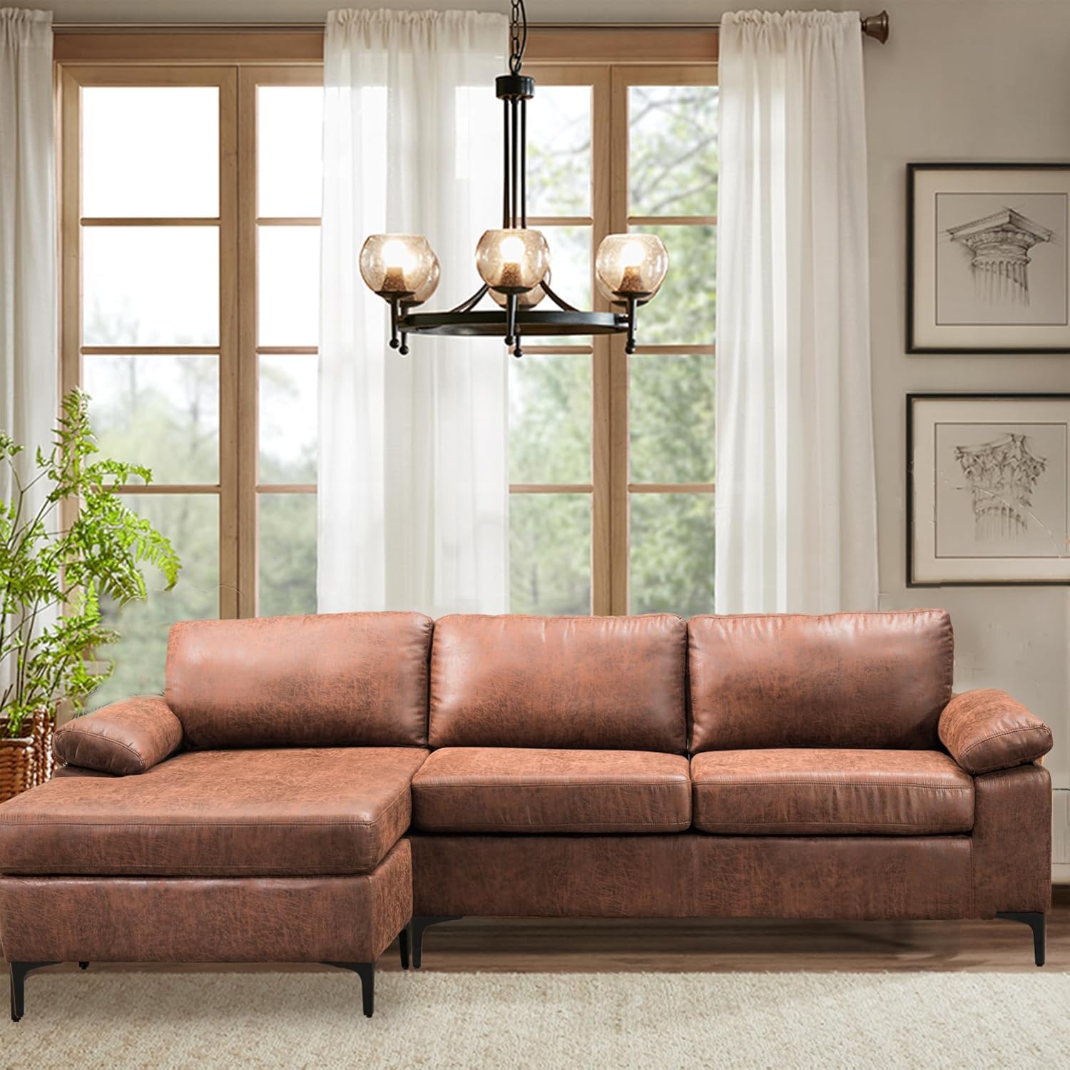 POUUIN 100" Faux Leather Sectional Sofa Couches for Living Room,3 Seater L Shaped Sofa Couch with Reversible Chaise,Mid-Century Modern Comfy Deep Seat Convertible Sofa (Dark Brown,Suede Fabric)