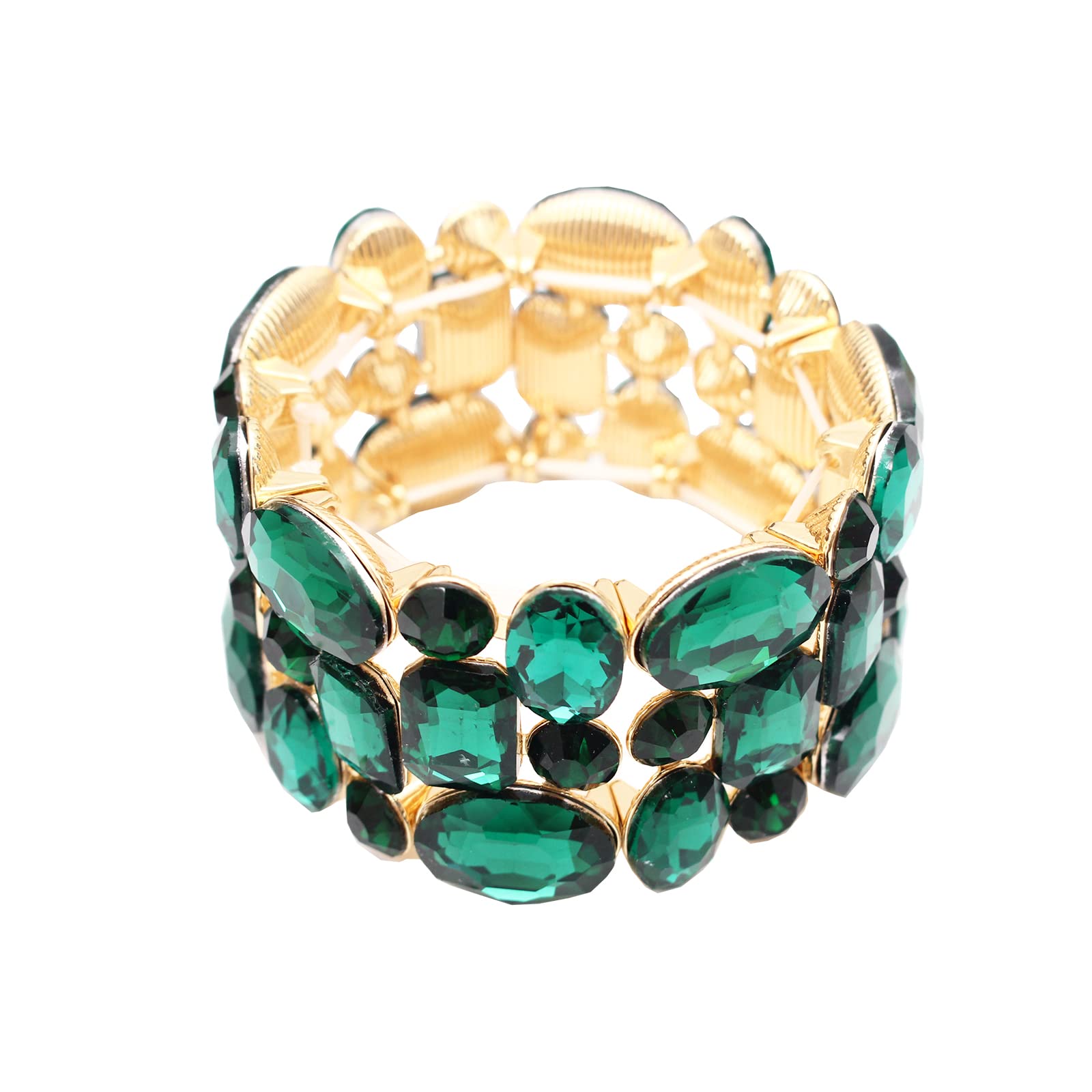 Enrwin Women’s Wedding Bridal Crystal Leaf Flower Stretch Bangle Elastic Wide Bracelet Jewelry for Brides Bridesmaid (Emerald-Gold Plated, Alloy)