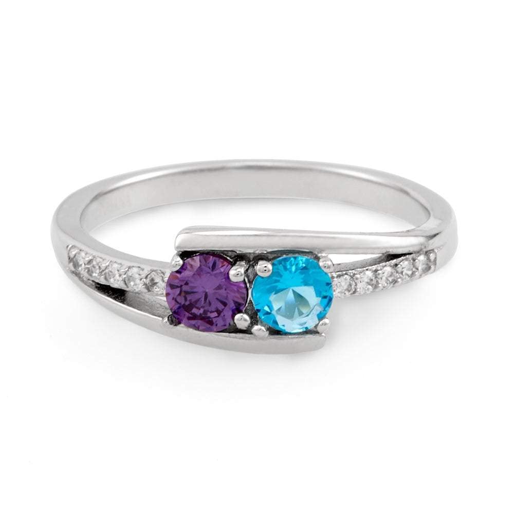 EVE'S ADDICTION Women's Personalized Sterling Silver Petite 2 Stone Simulated Birthstone Mother's Ring (ring size 6) Gift for Her for Her Family Ring - Gifts for Mom