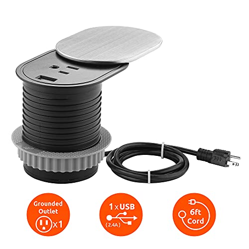 Link2Home Space Saver Grommet Socket with USB, 1 Power Outlet 15A, 1 USB Port 2.4A Fast Charge, Splash Resistant, and Stainless-Steel Finish