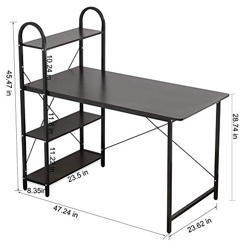 Function Home 47 Inch Computer Desk with Shelves,Writing Desk with Storage Bookshelf, Study Corner Desk with Anti-Slide Design, Black Oak Engineered Wood Top and Black Metal Base