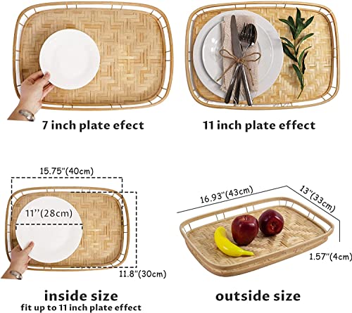 Rectangular Bamboo Wicker Serving Trays with Handles, Handwoven Coffee Trays for Coffee, Breakfast, Bread, Food, Dish and Decorative Trays for Dining Table