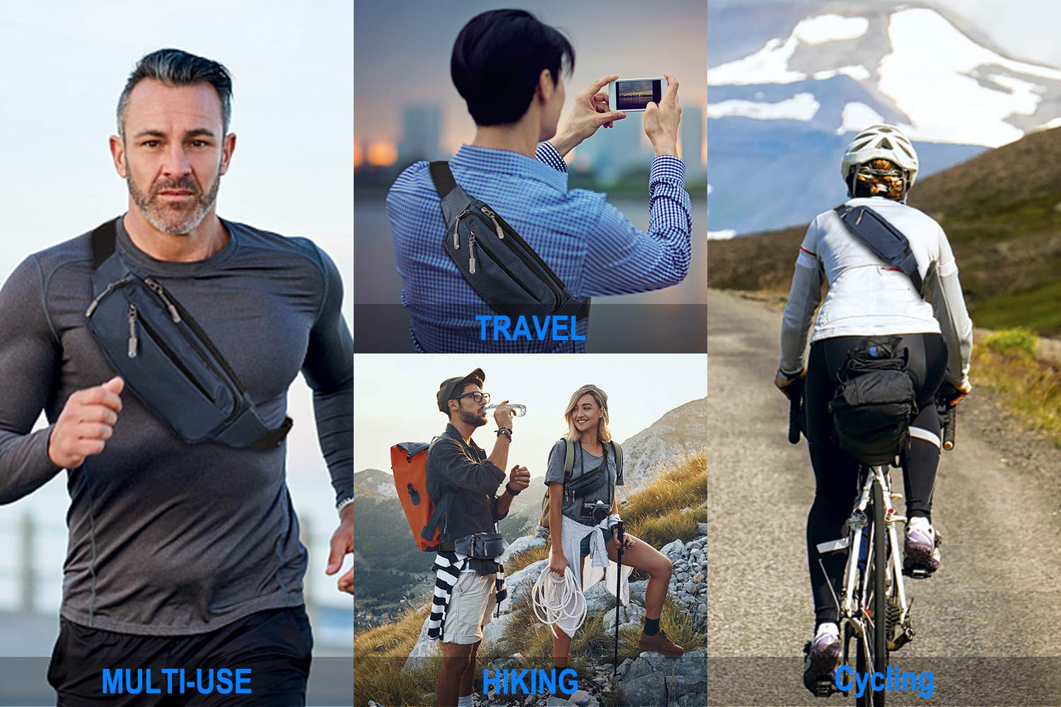Functional Mens Fanny Pack Wasit Bag With Triple Pockets Design Adjustable Large Size Belt Water-Resistant For Men Women Running Workout Hiking Travel