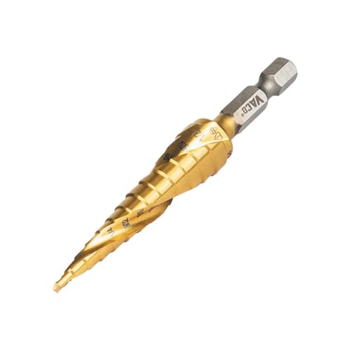 Klein Tools 25964 Step Drill Bit, 1/8 to 1/2-Inch, Spiral Double-Fluted, Cuts Thin Metal, Plastic, Aluminum, Wood, 1/4-Inch Hex Shank, VACO